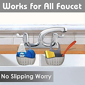 Comfecto Kitchen Faucet Sponge Holder, 2 Pack Hanging Kitchen Faucets Caddy Organizer with Adjustable Strap and Holes for Drying, Space Saving Sink Sider for Dish Soap Dishwashing Brush