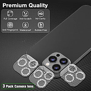 OUYTEU 3*Pack（Silver Diamond） Camera Lens Protector Glass for iPhone 15 Pro and iPhone 15 Pro Max, Ultra HD, Anti-Scratch,Case Friendly,Easy Install,Compatible iPhone 14 Pro and iPhone 14 Pro Max