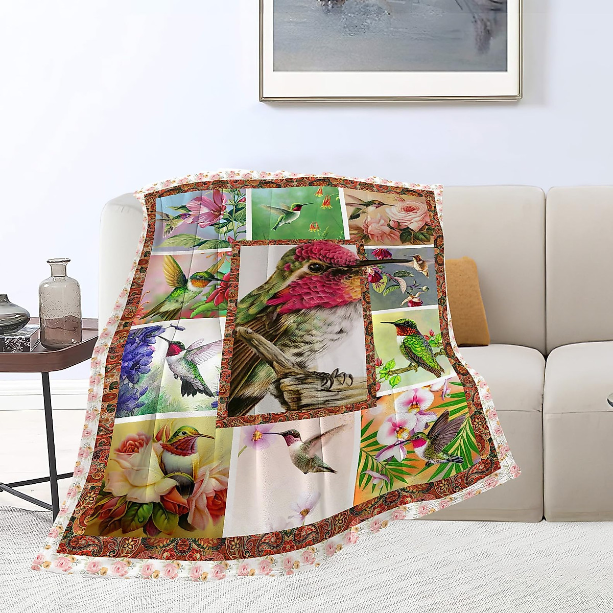 Hummingbird Blanket Soft Cozy Cute Spring Birds Fleece Plush Decor Throw Blanket All Season Ultra Warm Lightweight Fuzzy Hummingbird Blanket Gifts for Girls Women Boys Men Kids Bed 40"X50"