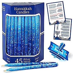 Premium Dripless Hanukkah Candles Multi Blues Frosted Thin Tapered Chanukah Candle Set of 45 Enough for Eight Nights of Hanukah Includes a DIY Dreidel, Prayer Card with Chanukah Song - Aviv Judaica
