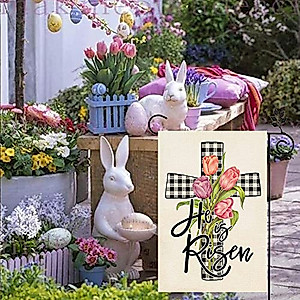 ORTIGIA Easter Cross Garden Flag Double Sided Buffalo Plaid Cross Tulip Flowers He is Risen Religious Garden Flag Spring Seasonal Outdoor Outside Yard Lawn Decoration 12x18 Inch