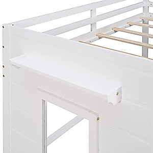 DEYOBED Wooden Twin Size Loft Bed Frame with Bedside Shelf, Storage Cabinet, Safety Guardrail and Ladder, for Kids Teens Boys Girls Bedroom, White