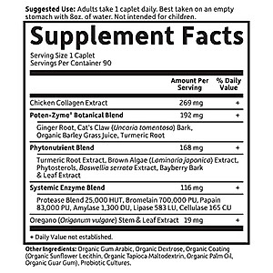 Garden of Life Joint and Tissue Support, FYI Supplement with Chicken Collagen Type II, Ginger, Cats Claw, Turmeric, Oregano and Enzymes Bromelain, Papain, Amylase, Lipase, 90 Day Supply, 90 Caplets
