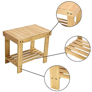 KKTONER Bamboo Step Stool with Storage Shower Bench with Shelf Foot Stool for Bathroom Living Room Bedroom Natural Color