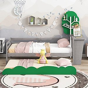 Lifeand Twin Size Wooden Daybed with Desk, Green Tree Shape Shelves and Trundle, Gray