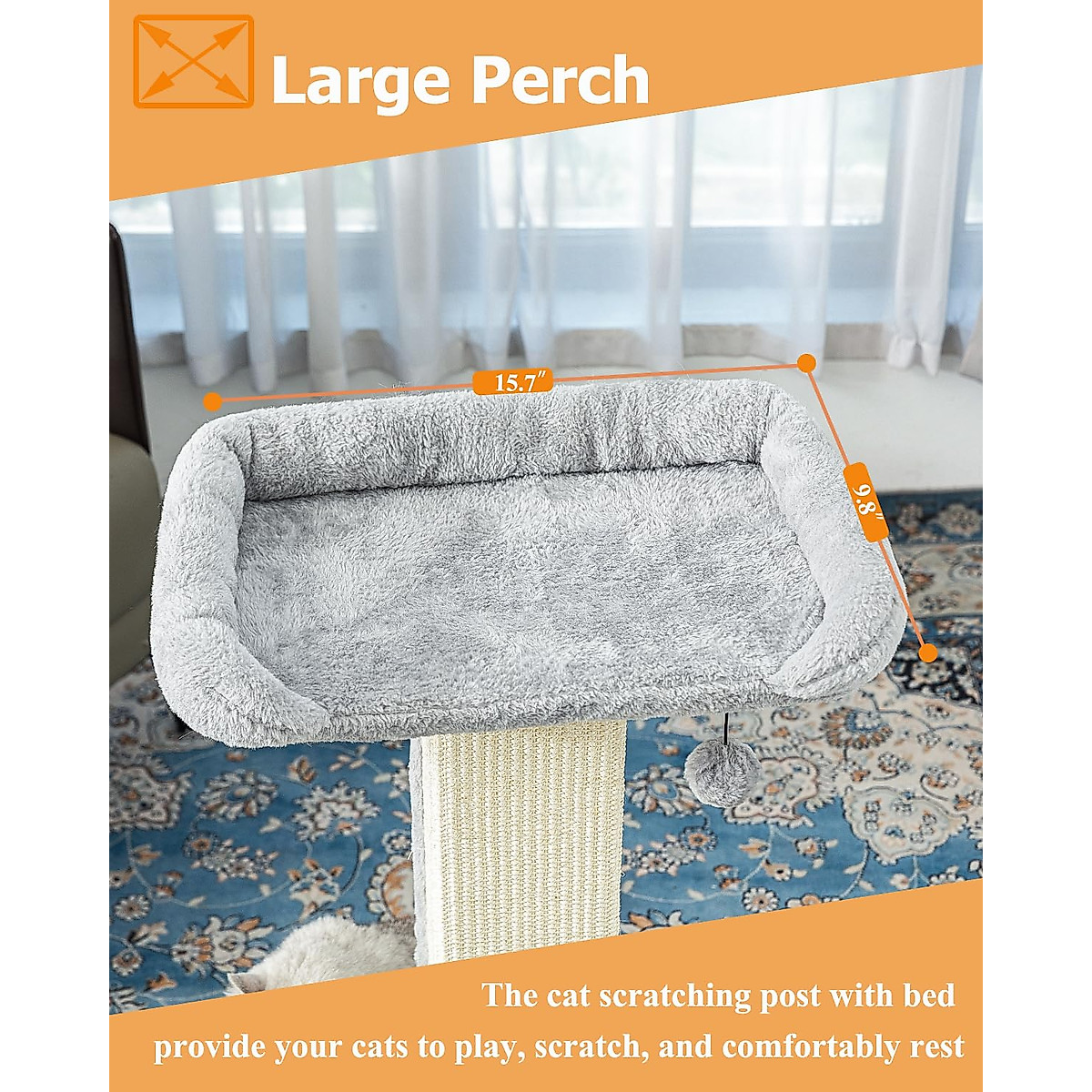 Karolpar 32" Cat Scratching Post for Indoor Cats, Sisal Cat Scratcher with Plush Perch, Large Scratch Post with Bed, Removable Cover, Sisal Fabric,Light Grey