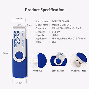 BorlterClamp 32GB USB Flash Drive Dual Port Memory Stick, OTG Swivel Thumb Drive with Micro USB Drive Port for Android Smartphone Tablet & Computer (Blue)