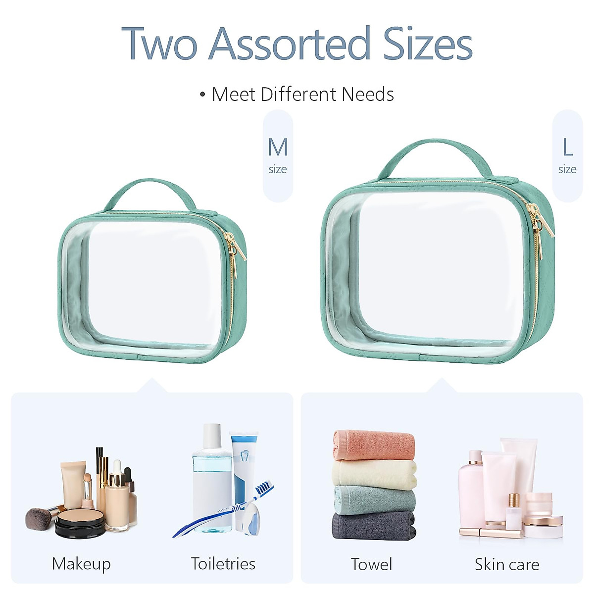 PACKISM TSA Approved Toiletry Bag, 2 Pack Clear Makeup Bags with Handle Large Opening, Clear Toiletry Bags Fit Carry-on Travel Essential, Clear Travel Bags for Toiletries, Turquoise Green