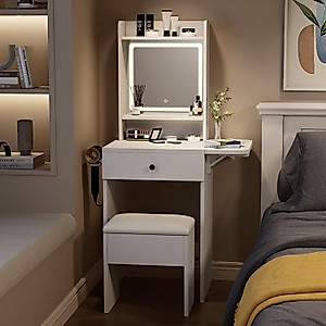 oneinmil Small Vanity Desk Set with LED Lighted Mirror & Power Outlet, Makeup Vanity Desk for Small Space, White Dressing Table with Fold-up Panel for Bedroom, 3 Lighting Modes