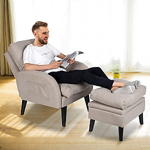 ELUCHANG Accent Chairs with Ottoman, Upholstered Comfy Armchair with Adjustable Backrest&Storage Footrest, Lazy Chair Reading Chair Leisure Sofa Recliner for Living Room Bedroom (Light Grey - Linen)