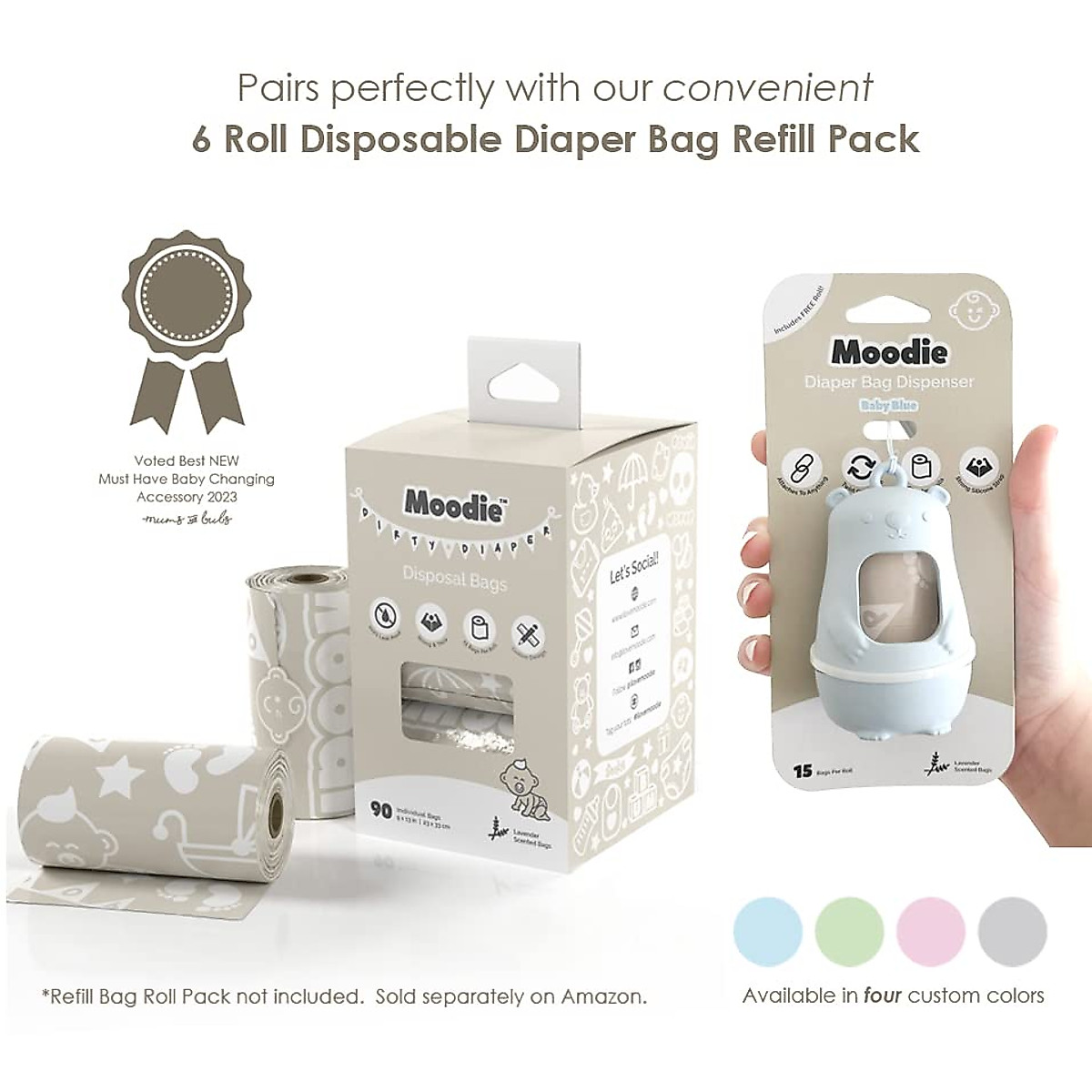NEW Moodie Teddy Bear Diaper Bag Dispenser | Diaper Bag on the Go Dispenser w/Silicon Strap |15 LAVENDER SCENTED Diaper Disposal Bags per Roll | Diaper bag essential items (BABY BLUE)