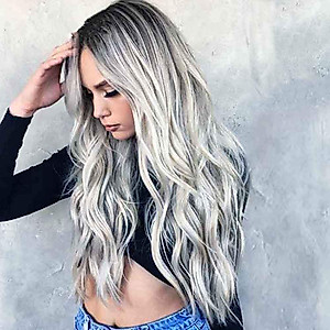 Rswsp 23" Natural Full Wigs Hair Long Wavy Wig Synthetic Heat Resistant (Ombre Silver)