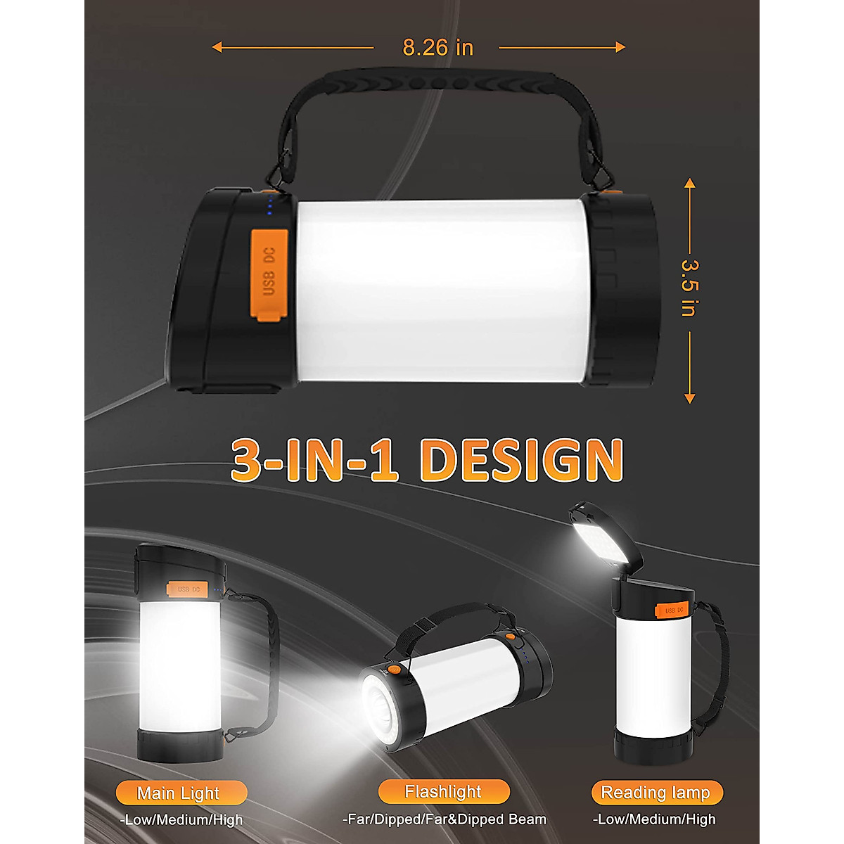 Camping Lantern Rechargeable, 4000mAh Battery Operated Lamp , LED Camping Lantern Light, Flashlight for Power Outages Hurricane Emergency, 3 Modes Tent Light Reading Lamp for Camp Home