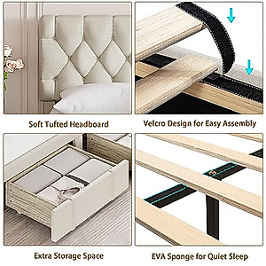 GAOMON Queen Size Bed Frame with 2 Storage Drawers, Upholstered Platform Bed Frame with Adjustable Button Tufted Headboard, Mattress Foundation with Solid Wooden Slats Support, No Box Spring Needed