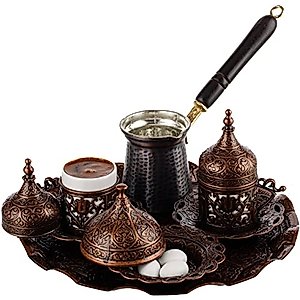 DEMMEX 2023 Turkish Greek Arabic Coffee Full Set with Cups Saucers Lids Sugar Bowl Tray and Copper Coffee Pot, 12 Pcs