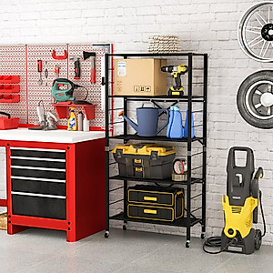 LOKO 5-Tier Folding Storage Shelves with Wheels, 60” Tall Adjustable Metal Shelving Unit, Collapsible Organizer Rack, Freestanding Open Display Shelving Rack for Garage, Kitchen, Easy Assembly (1)