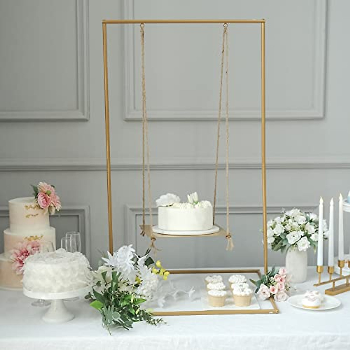 TABLECLOTHSFACTORY 3ft Tall Gold Metal Hanging Dessert Display Centerpiece with Jute Rope, Cake Stand Swing