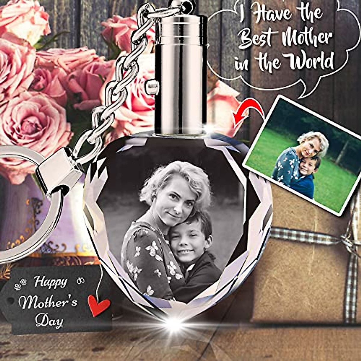 Aolun Custom Crystal Keychain Picture,Personalized Engraved Keyring with LED Light