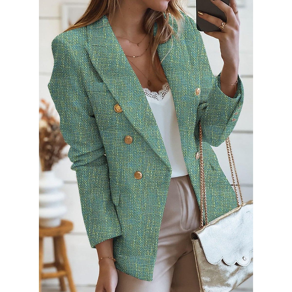 Happy Sailed Womens Tweed Blazer Jackets Fashion Double Breasted Lapel Collar Business Blazers with Pockets Long Sleeve Open Front Office Professional Blazer Work Suits 2024 Green Medium