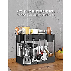 Axbima 2 Tier Under Sink Organizer, Under Bathroom Sink Storage, Under Kitchen Sink Shelf Rack with 2 Hanging Cups & Hooks for Cabinet Countertop Bathroom Laundry Garages (Black)