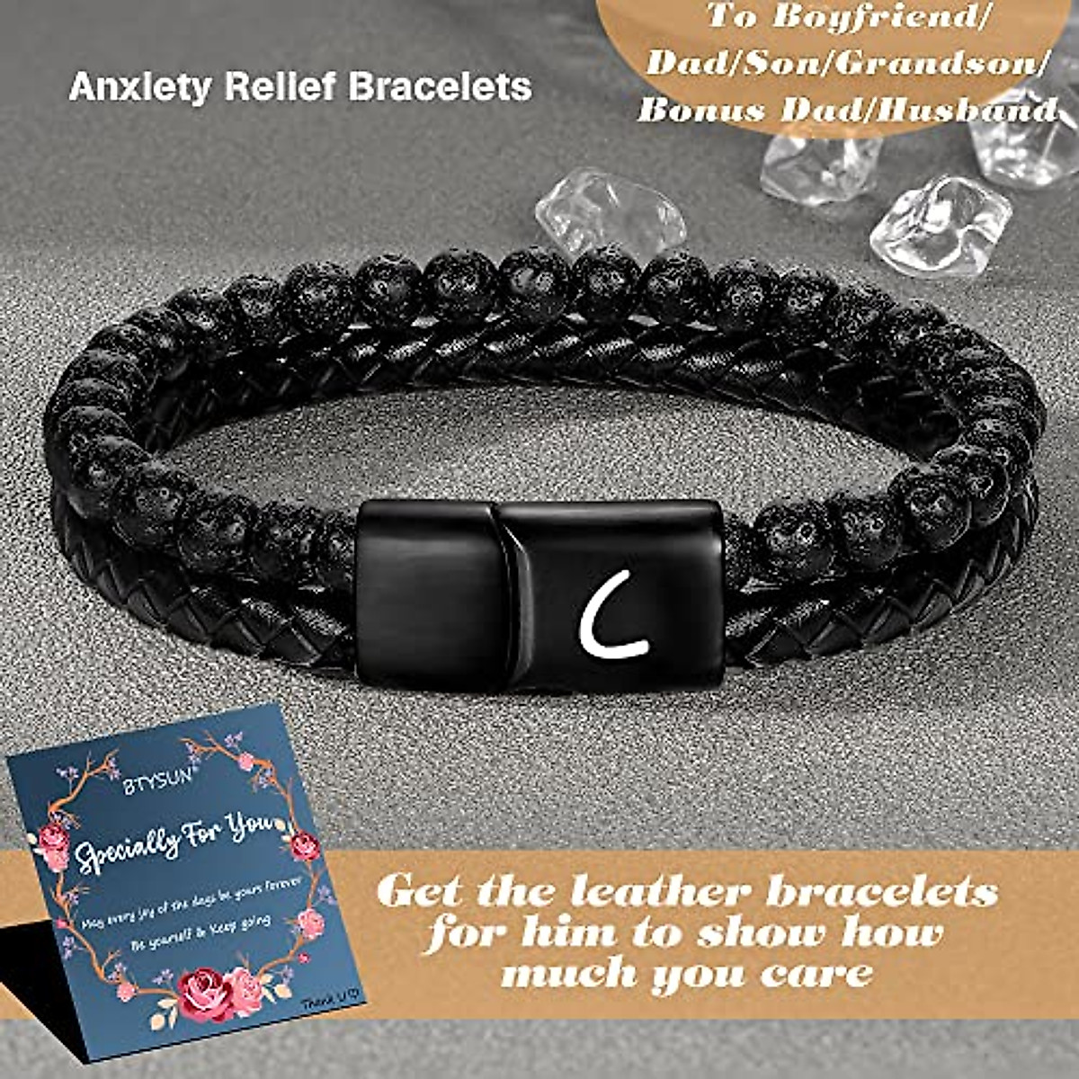 Bracelets for Men Letter C Beaded Initial Bracelet Mens Gifts for Birthday Lava Rock Cuff Bangle Leather Gifts for Him I Love You Engraved Birthday Retirement Christams Jewelry