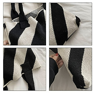Fairycore Striped Crocheted Tote Bag Aesthetic Knitted Hobo Bag Trendy Big Capacity Shoulder Bag Y2K Accessories (Black and white)