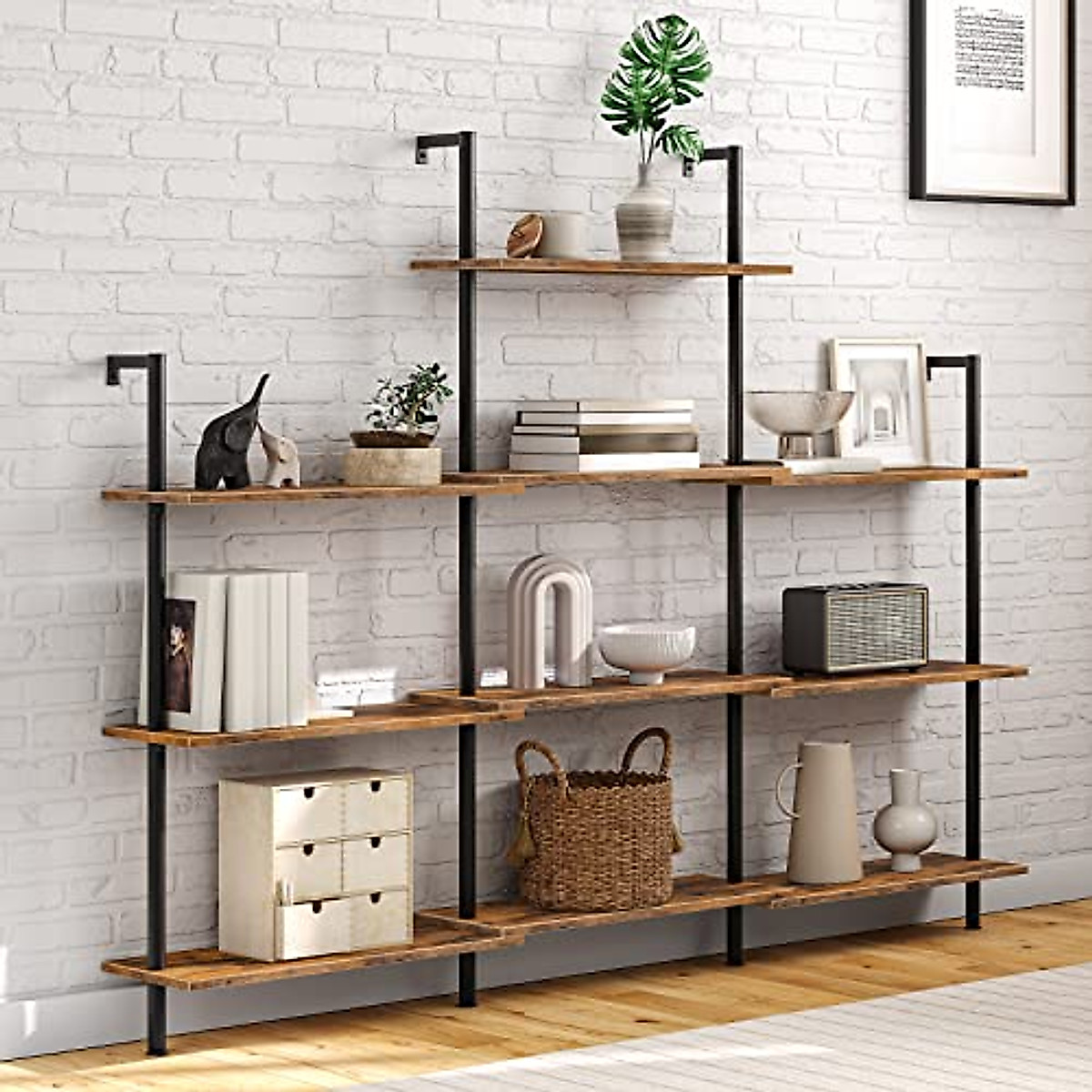 HOOBRO 5-Tier DIY Ladder Shelf and 6-Tier Wall Mounted Bookshelf, Office Vertical Bookcase, Wooden Storage Shelves for Home Office, Bedroom, Rustic Brown BF53CJ01-BF65CJ01