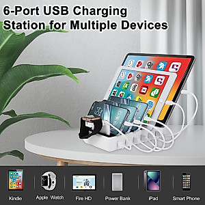 ZWTNBFST USB Charging Station 6 Ports with 6 Charging Cables 50W Fast Charging Station Desk Organizer for Multiple Devices,Compatible with Cellphone,Tablet, Kindle, Apple Watch and Other Electronic