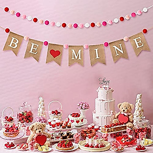 WATINC 2PCS Valentine's Day Burlap Banners Pom Pom Garland Set, Be Mine Burlap Banner with Felt Ball Decoration, Valentine Wedding Anniversary Party Bunting Garland Lover Romantic Hanging Decors