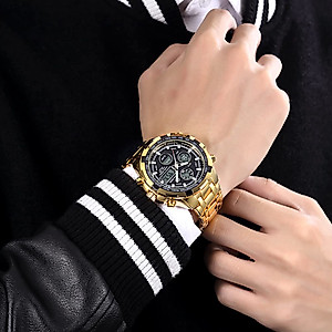 GOLDEN HOUR Luxury Stainless Steel Analog Digital Watches for Men Male Outdoor Sport Waterproof Large Big Size Heavy Wristwatch (Gold Black)