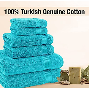 2 Washcloths, 2 Hand Towels, 2 Bath Towels, Soft & Absorbent 600 GSM Premium Hotel & Spa Quality 6 Piece Genuine Turkish Cotton Bathroom Towel Set, Aqua Blue (6 Piece Turkish Towel Set, Aqua Blue)