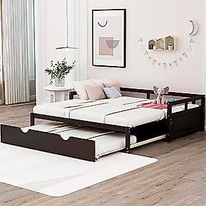 Merax Modern Wood Daybed with Pop Up Trundle Twin to King Triple Sofa Bed Frame for Kids Teens Adults/No Box Spring Needed Espresso