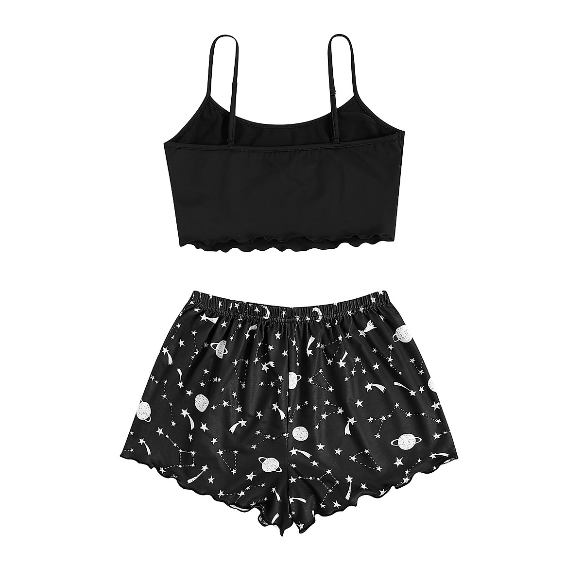 SOLY HUX Women's Cartoon Print Lettuce Trim Cami Top and Shorts Cute Pajama Set Sleepwear Black Star Moon L