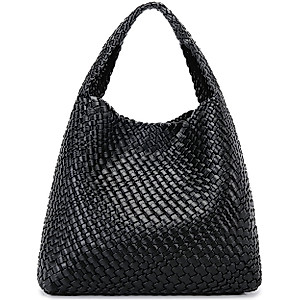 Fashion Woven Purse for Women Top-handle Shoulder Bag Soft Summer Hobo Tote Bag (Black)