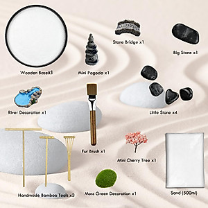 Artcome Japanese Zen Sand Garden for Desk with Rake, Stand, Rocks and Mini Furnishing Articles - Office Table Accessories, Mini Zen Sand Garden Kit - Meditation Gifts