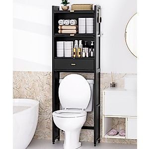 Cozivolife Over The Toilet Storage Cabinet with Drawer and Flip Door,Bamboo Bathroom Organizer Shelf with Anti-Tip Design and Waterproof Feet Pad,Freestanding Rack Above Toilet Space Saver (Black)