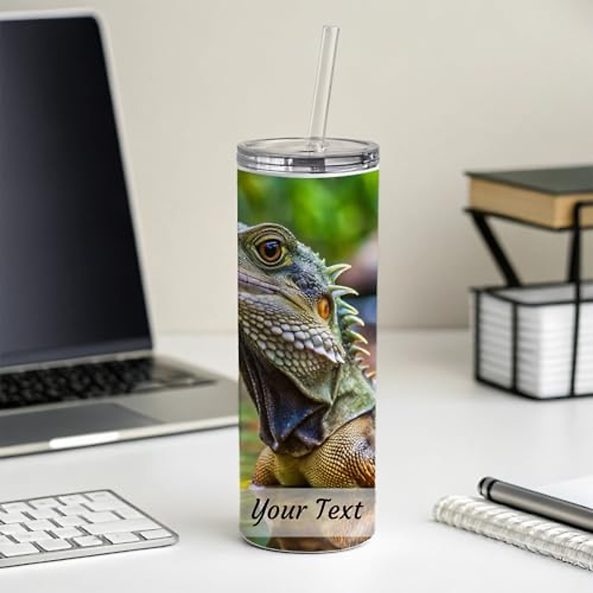 Personalized Custom Name Text Water Dragon Lizard Reptile Skinny Tumbler 20oz with Straw Insulated Water Bottle Gift - 1 Line Horizontal