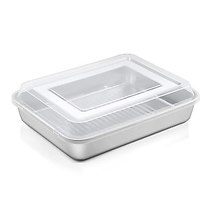 TeamFar Rectangular Cake Pan with Lid, 10.5 Inch Stainless Steel Small Baking Roasting Lasagna Cake Pan, Corrugated Bottom & Deep Side, Healthy & Heavy Duty, Dishwasher Safe - (1 Pan + 1 Lid)