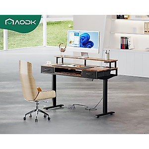 AODK Electric Standing Desk with Drawers & Keyboard Tray, 47 Inch Height Adjustable Small Gaming Desk with Power Outlets & LED Lights, Sit Stand Table with Monitor Stand for Home, Office, Rustic Brown