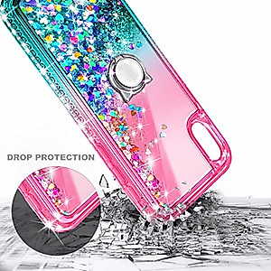 NGB Case for iPhone X, iPhone Xs with Tempered Glass Screen Protector, Ring Holder/Wrist Strap, Girls Women Liquid Bling Sparkle Flowing Floating Glitter Clear Cute Case (Pink/Aqua)