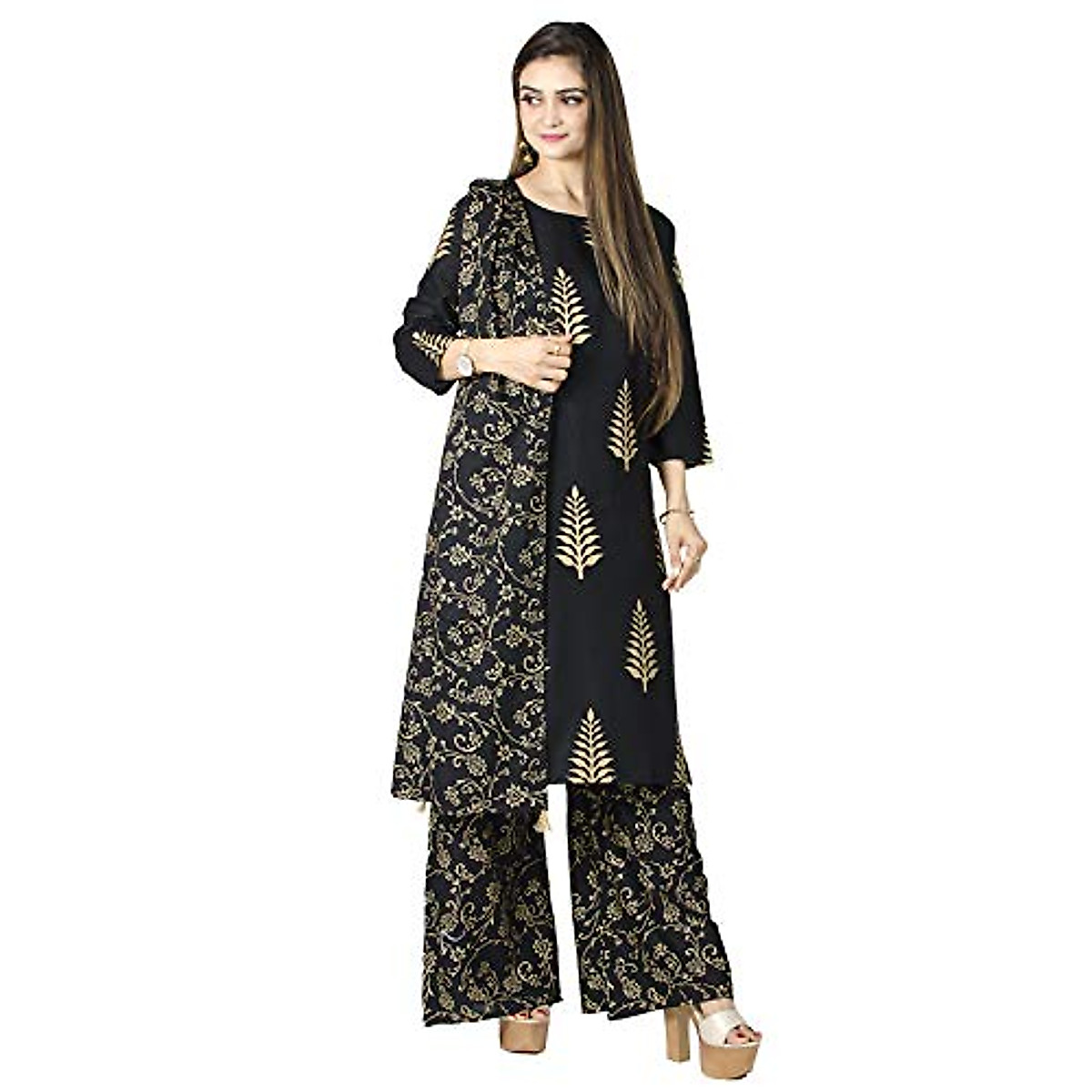 Chandrakala Gold Foil Printed Kurti Palazzo Set for Women Rayon Indian Ethnic Tunic,Small (K176BLA1)