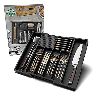 WUSHIZHUHUN Utensil Organizer Silverware Tray for Drawer - Bamboo Knife Drawer Organizer Expandable Cutlery Organizer in Drawer Knife Block W12.8-20.2" x L16 x H2 (Black)