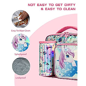 IvyH Kids Lunch Bag with Bottle Holder, Children Lunch Box with 3 Compartments, Unicorn Girls Insulated Lunchbox Bag Tote for School Travel Snacks Carrier, Pink