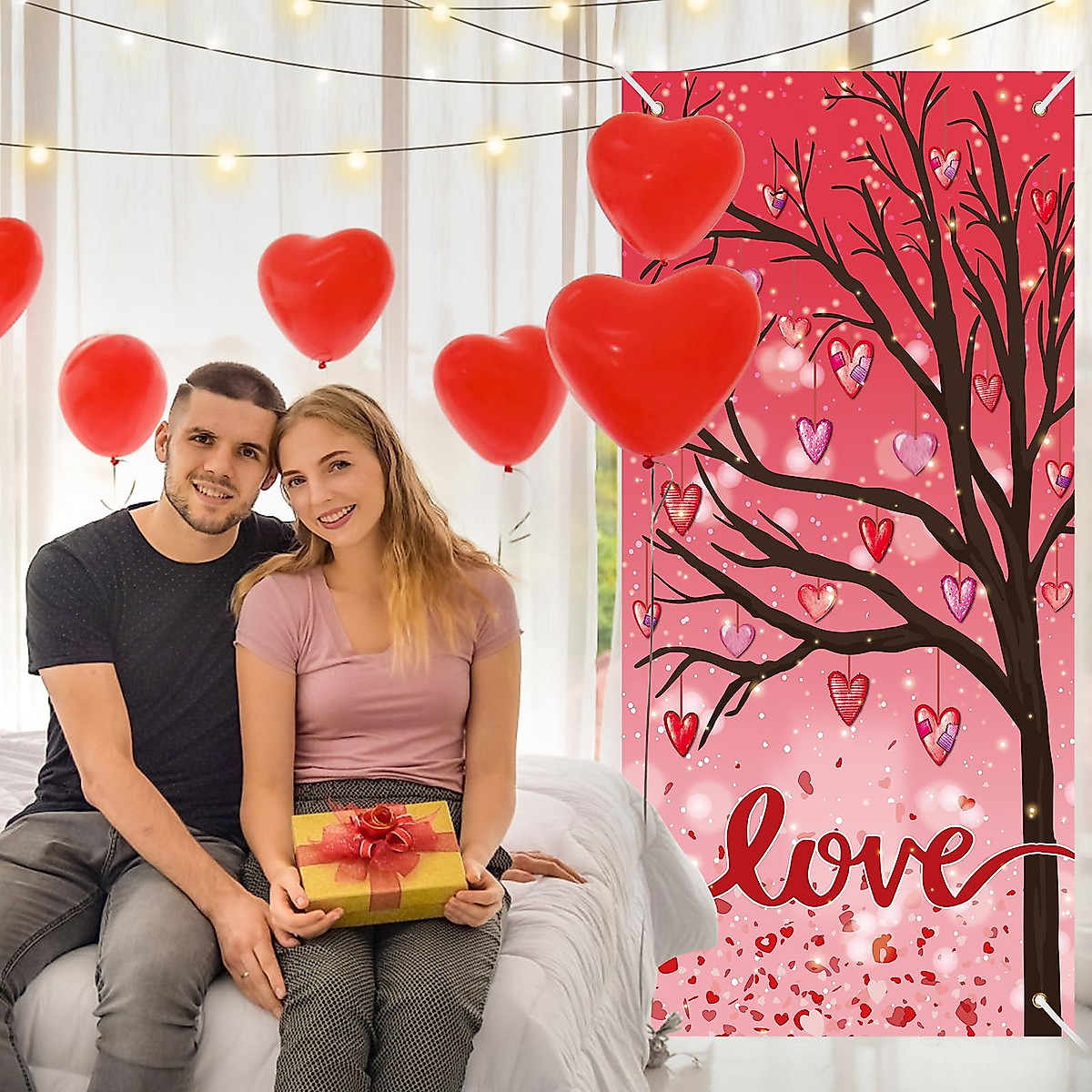 Valentines Love Door Cover Decorations Love Tree Spring Valentines Door Banner Red Pink Love Heart Front Door Hanging Backdrop Banner for Valentine's Day Wedding Anniversary Bridal House Supplies