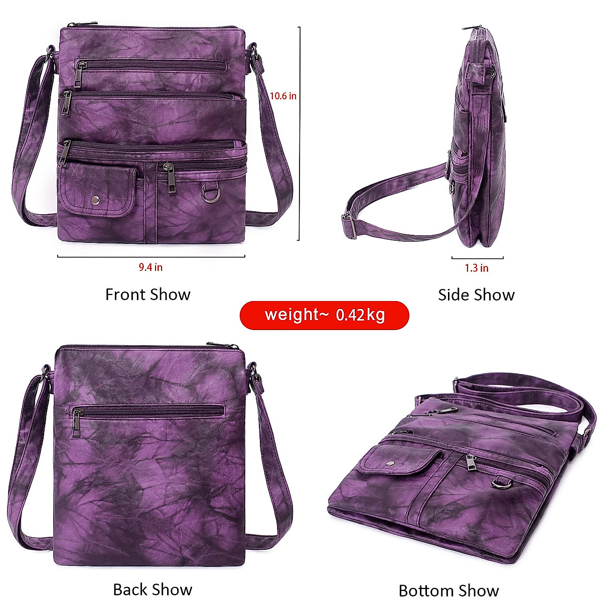 Crossbody Purses for Women Double Zipper Pockets Soft Vegan Leather Shoulder Bag with Adjustable Strap (Purple)