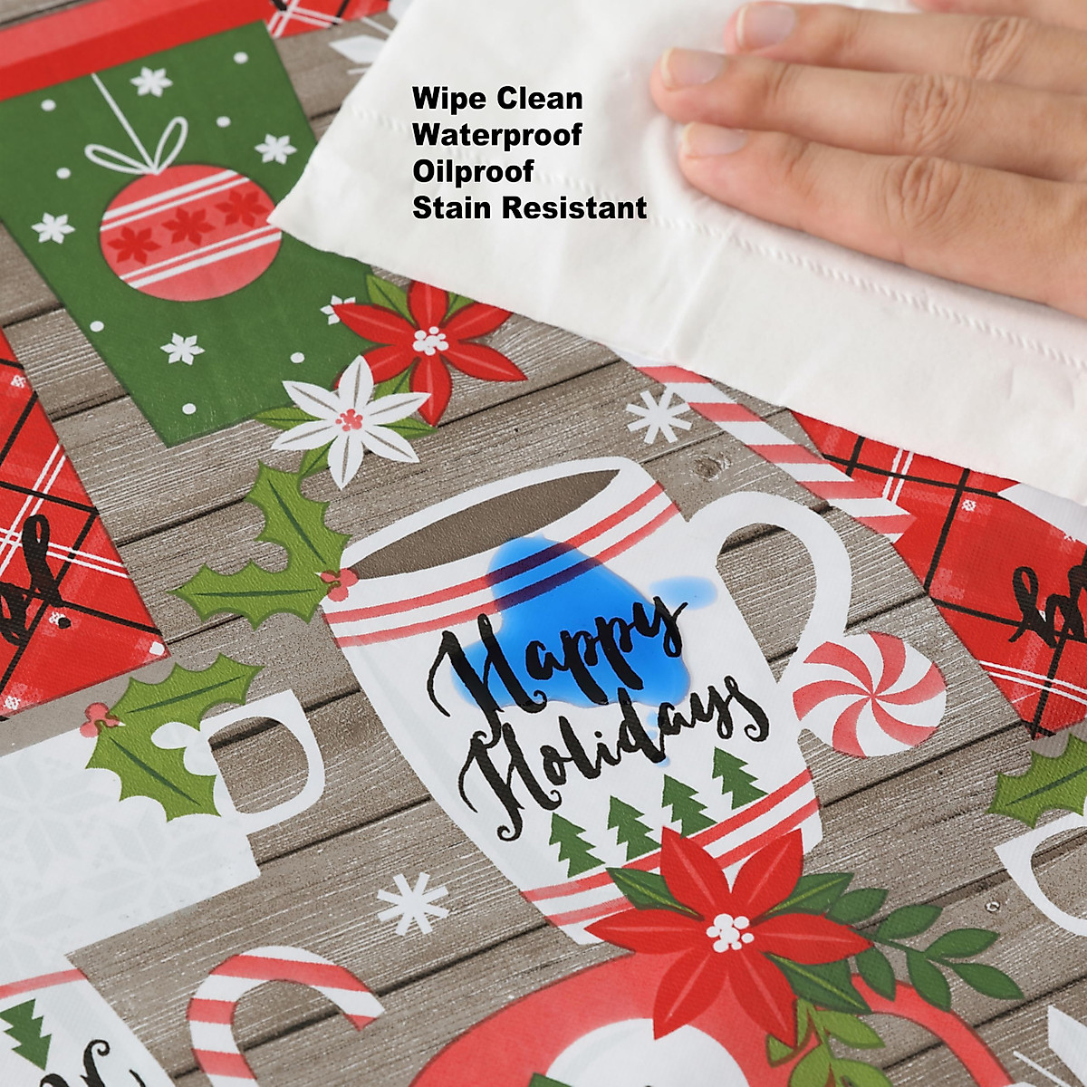 Newbridge Jolly Holiday Candy Cane Print Flannel Back Vinyl Christmas Tablecloth - Happy Holidays Grey, Red and Green Xmas Wipe Clean Easy Care Tablecloth, 60” x 120” Oblong/Rectangle