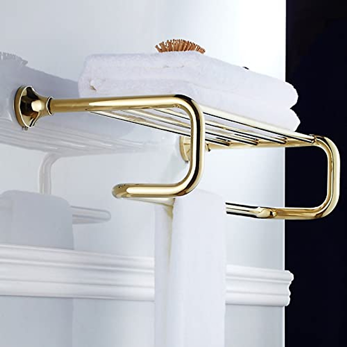 Golden Wall Mounted Bath Towel Rack 2 Layer, Durable Brass Towel Bar Length 60cm Modern Simple Towel Holder for Bathroom Kitchen Home Décor-60x26.5cm