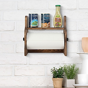 MyGift Wall Mounted Solid Burnt Wood Paper Towel Holder and Spice Rack Storage Shelf with Industrial Black Metal Bar for Easy Refill, Countertop Standard Roll Paper Towel Dispenser and Display Shelf