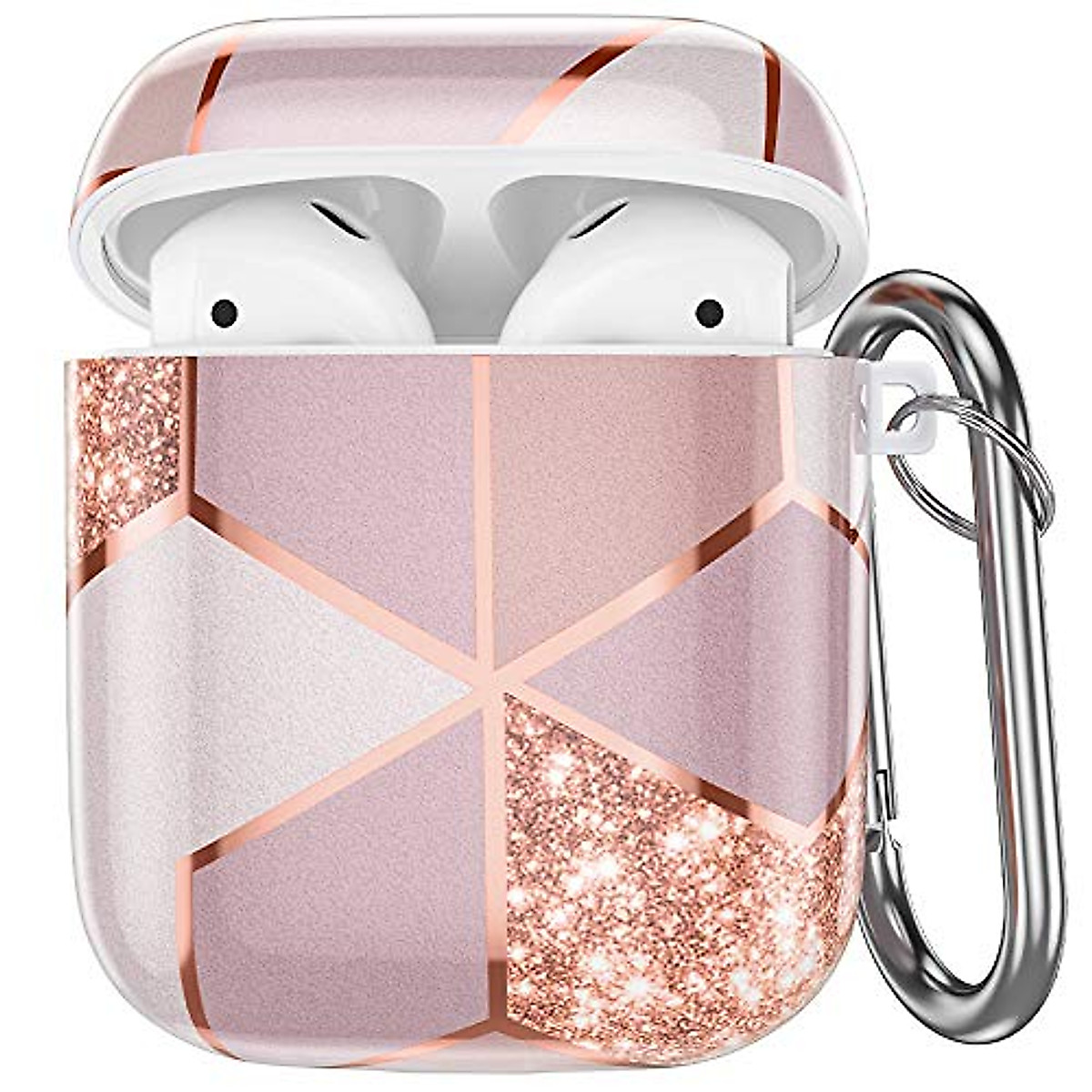 Hamile Compatible with Airpods Case Cover Cute 2-Peice Case for Apple Airpods 2 & 1, Fadeless Shockproof Hard Case Cover with Portable Keychain for Girls Women Men - Pink Geometric