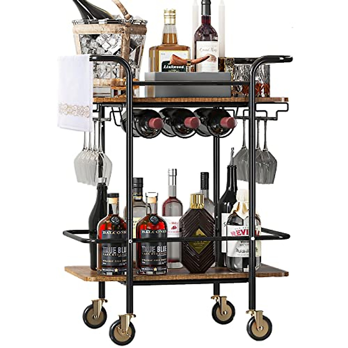 Wisdom Star 2 Tier Bar Cart with Wheels, Serving Cart with Wheels and 2 Handle, Outdoor Bar Cart for The Home with Wine Rack and Glass Holder, Kitchen Serving Cart for Home, Dining Room, Party, Black